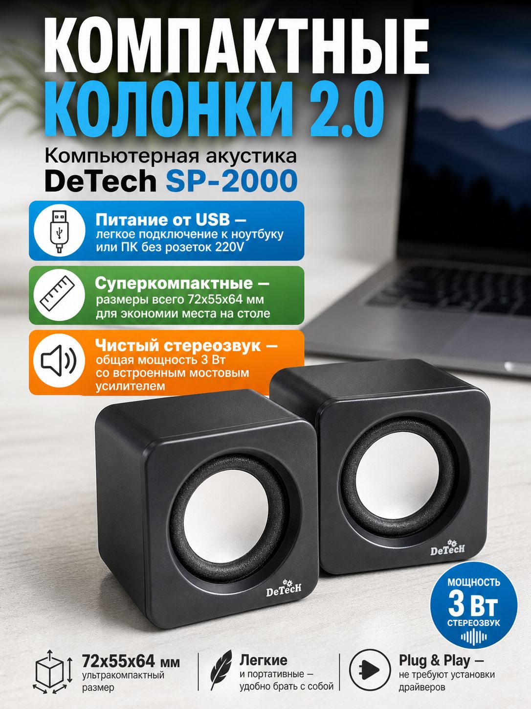 Компьютерные колонки проводные USB 2.0 стерео для ноутбука и ПК, питание от USB, регулятор громкости, черные, 3 Вт