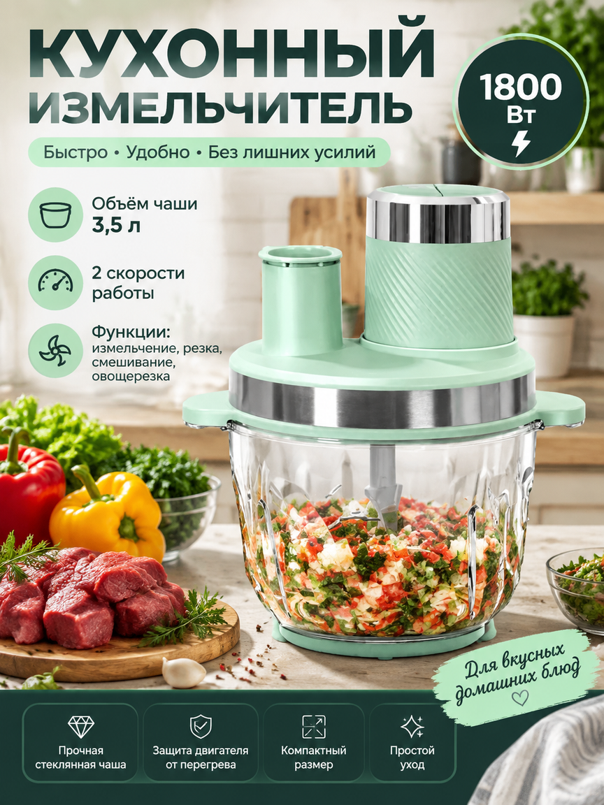 Кухонный измельчитель 3.5 л, 1800 Вт, 2 скорости, стеклянная чаша, насадки для овощей, мятный