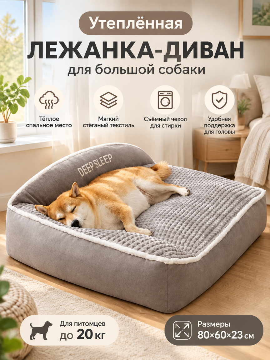 Утеплённая лежанка-диван для большой собаки 80х60х23 см, текстиль, серый, чехол снимается, до 20 кг