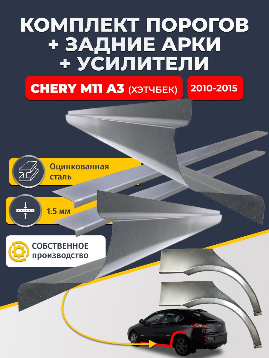 Комплект ремонтных задних арок(0,8 мм) и стандартных порогов(1,5 мм) + усилители (1,5 мм.) на Chery M11 A3 2010-2015 хэтчбек (Черри М11). Материал оцинкованная сталь.