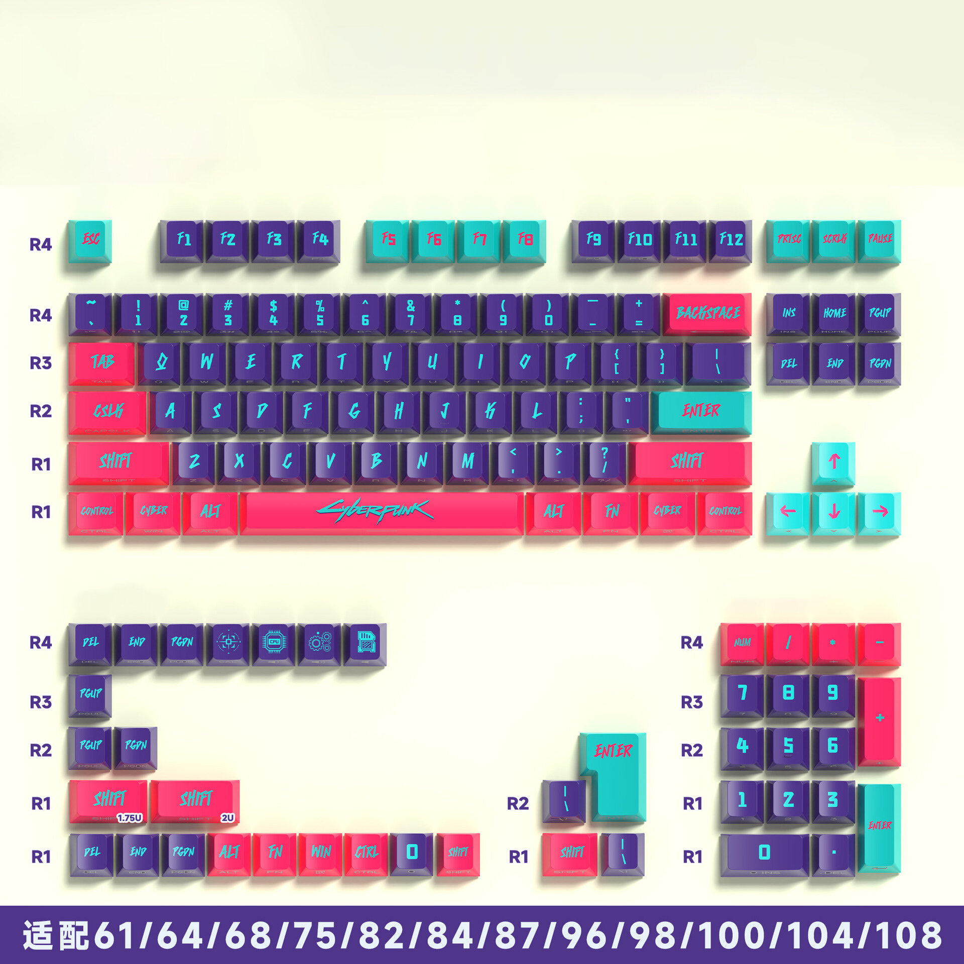 Кейкапы Киберпанк для механической клавиатуры 129шт, Фиолетовый/Розовый
