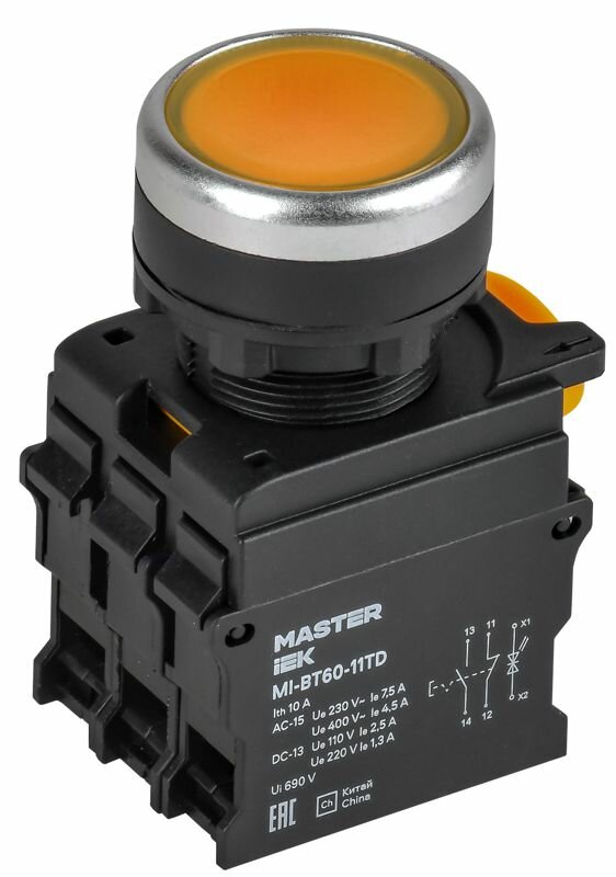 Кнопка d22мм 1НО+1НЗ MASTER с подсветкой и фиксацией желт. IEK MI-BT60-11TD-3-11-K05