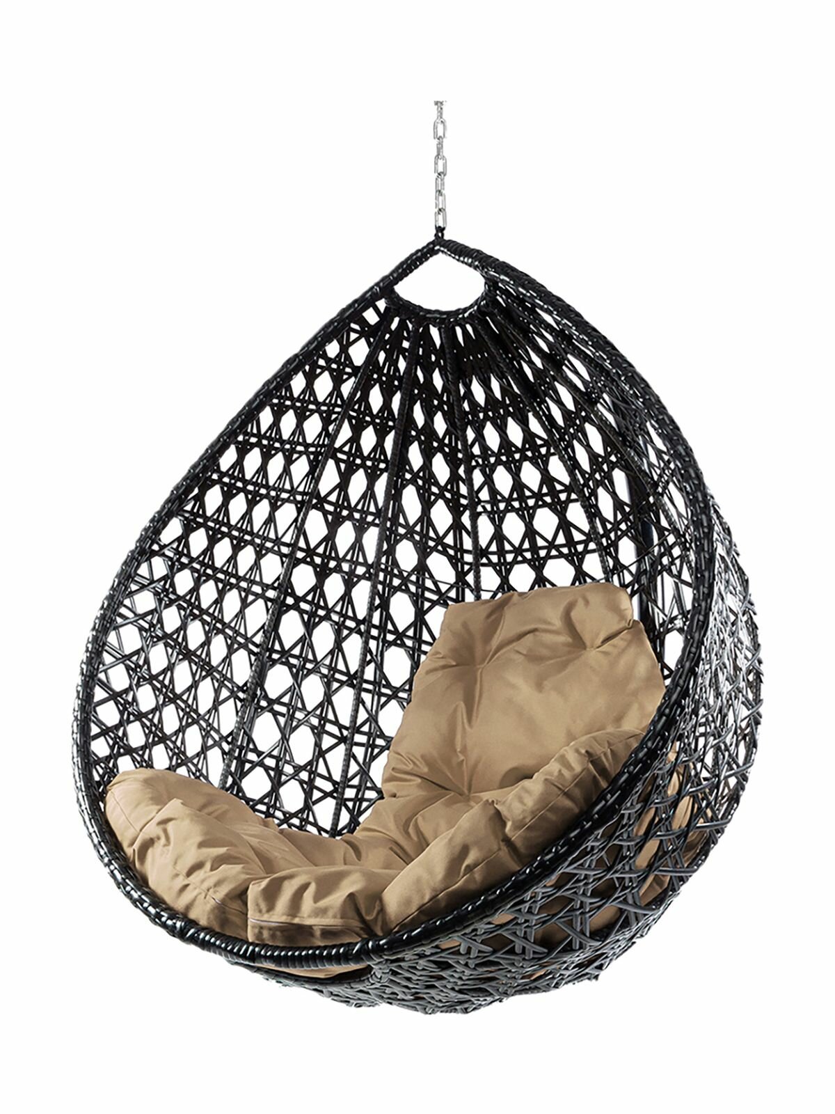 Подвесное кресло капля люкс (без стойки), с ротангом черное, бежевая подушка