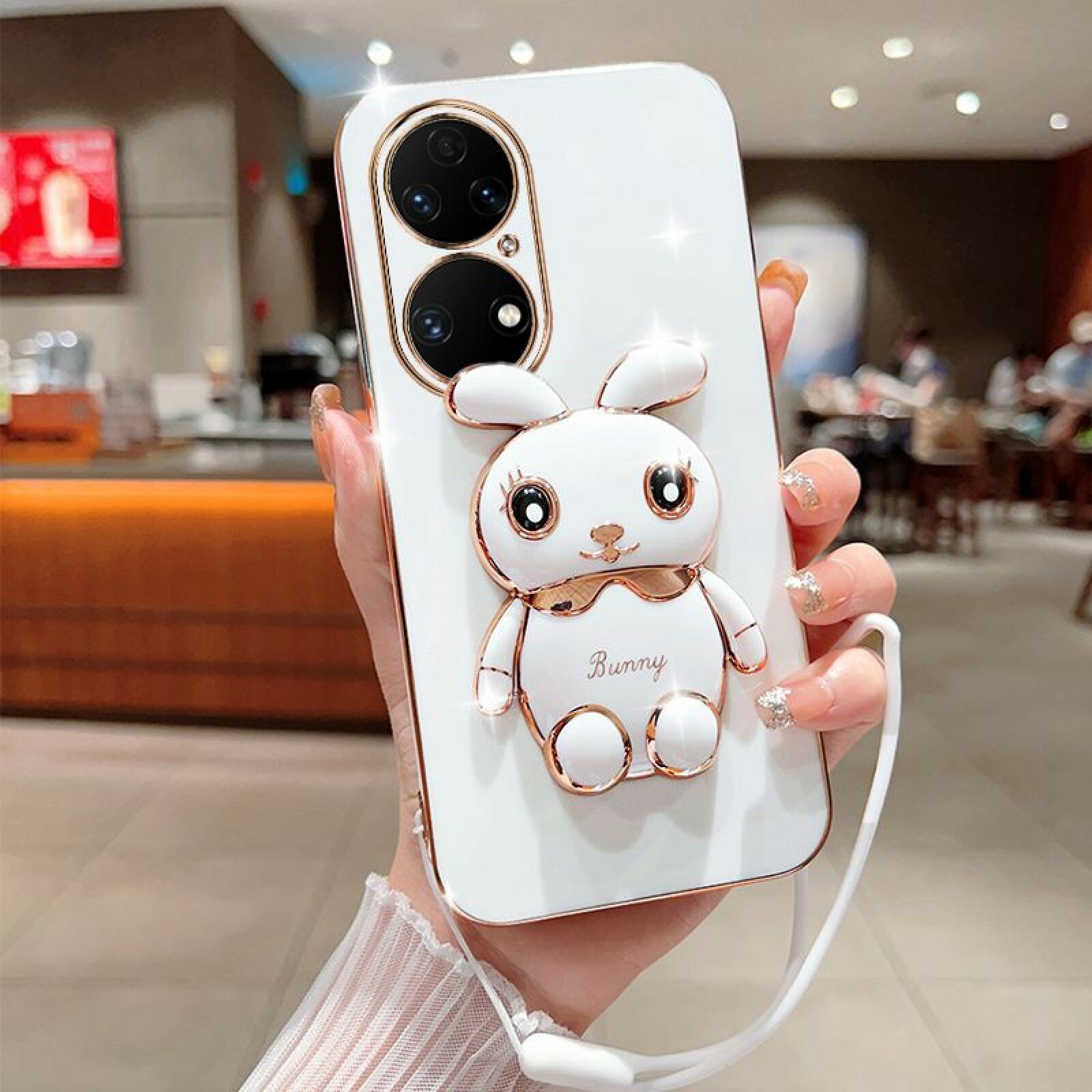 Чехол MyPads для Huawei P50 Pro с подставкой в виде кролика, белый - защита и стиль