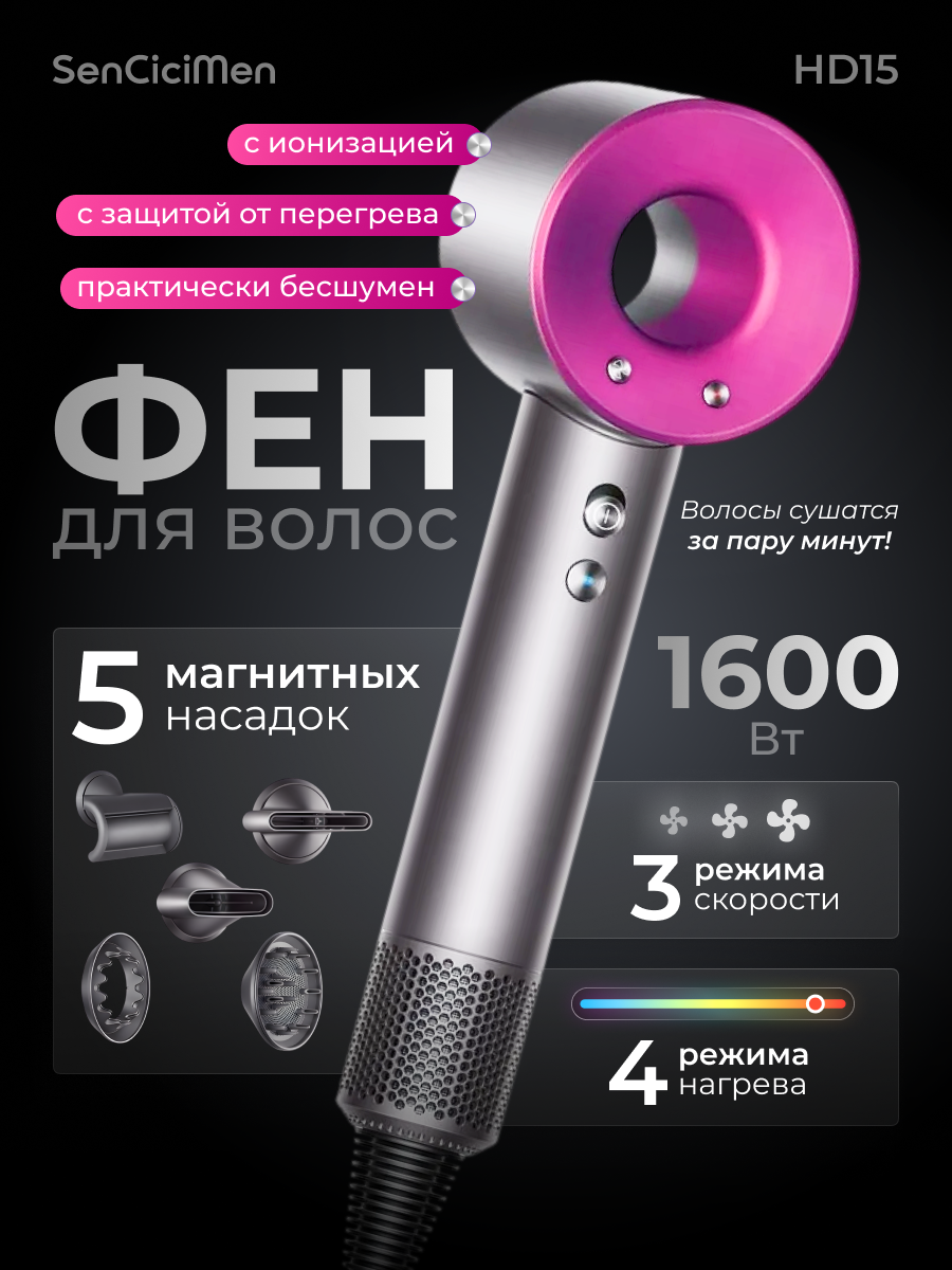 Фен для волос SenCiciMen Super Hair Dryer HD15 Pink