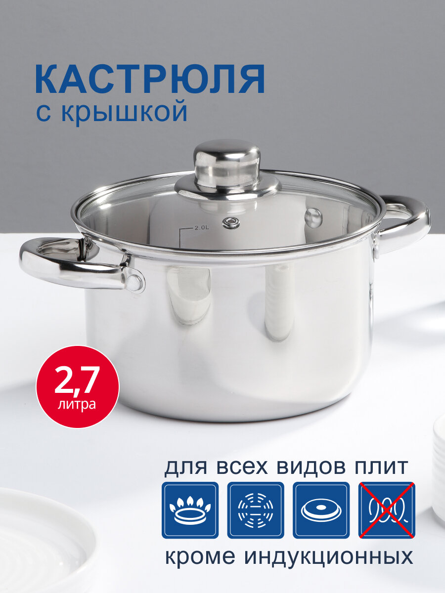 Кастрюля из нержавеющей стали 2.7 л со стеклянной крышкой 18 см, мерная шкала, для газовых и электрических плит DNN3