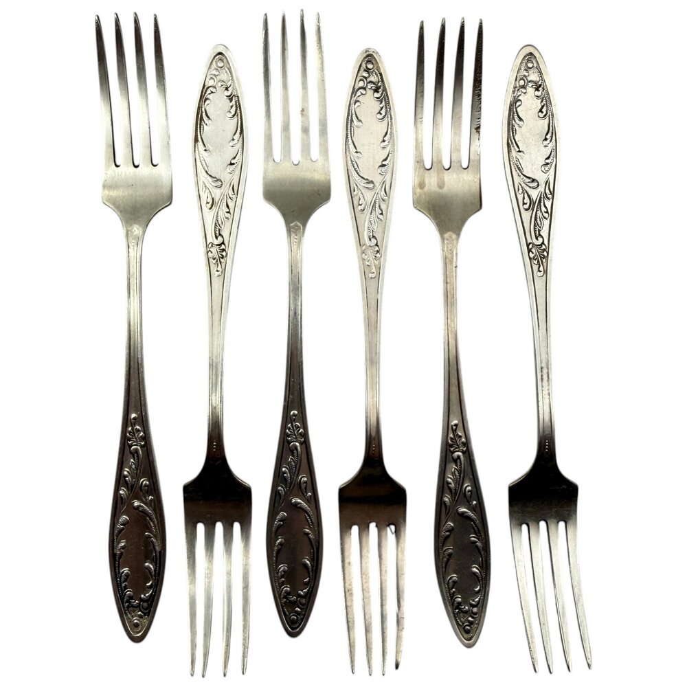 Вилка десертная "Пламя" (набор 6 штук), 17.5 см, МНЦ, 1962-1991 гг, Кольчугино, СССР (цена 1-30)