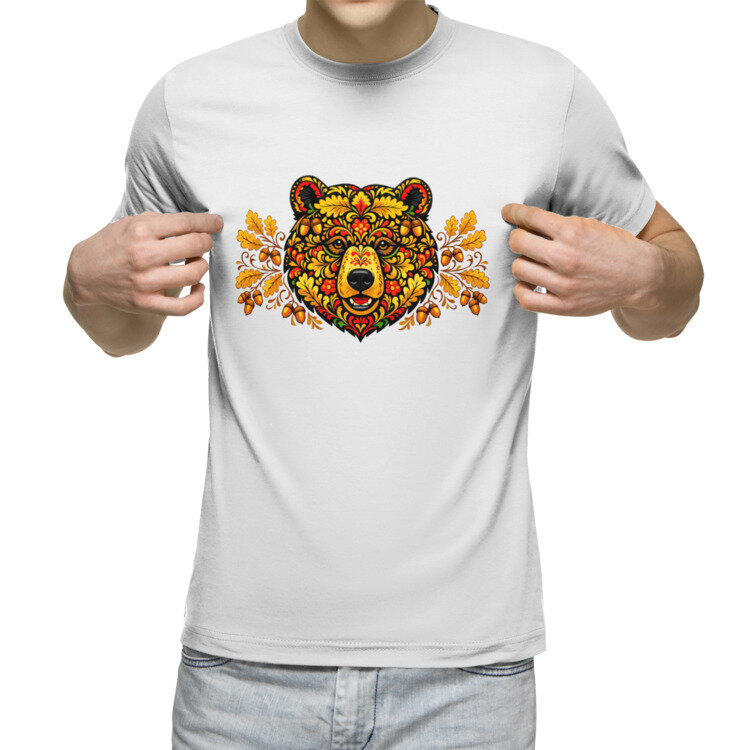 Мужская футболка «Хохлома: Узор русский медведь-лесной оберег» (белый, XL)