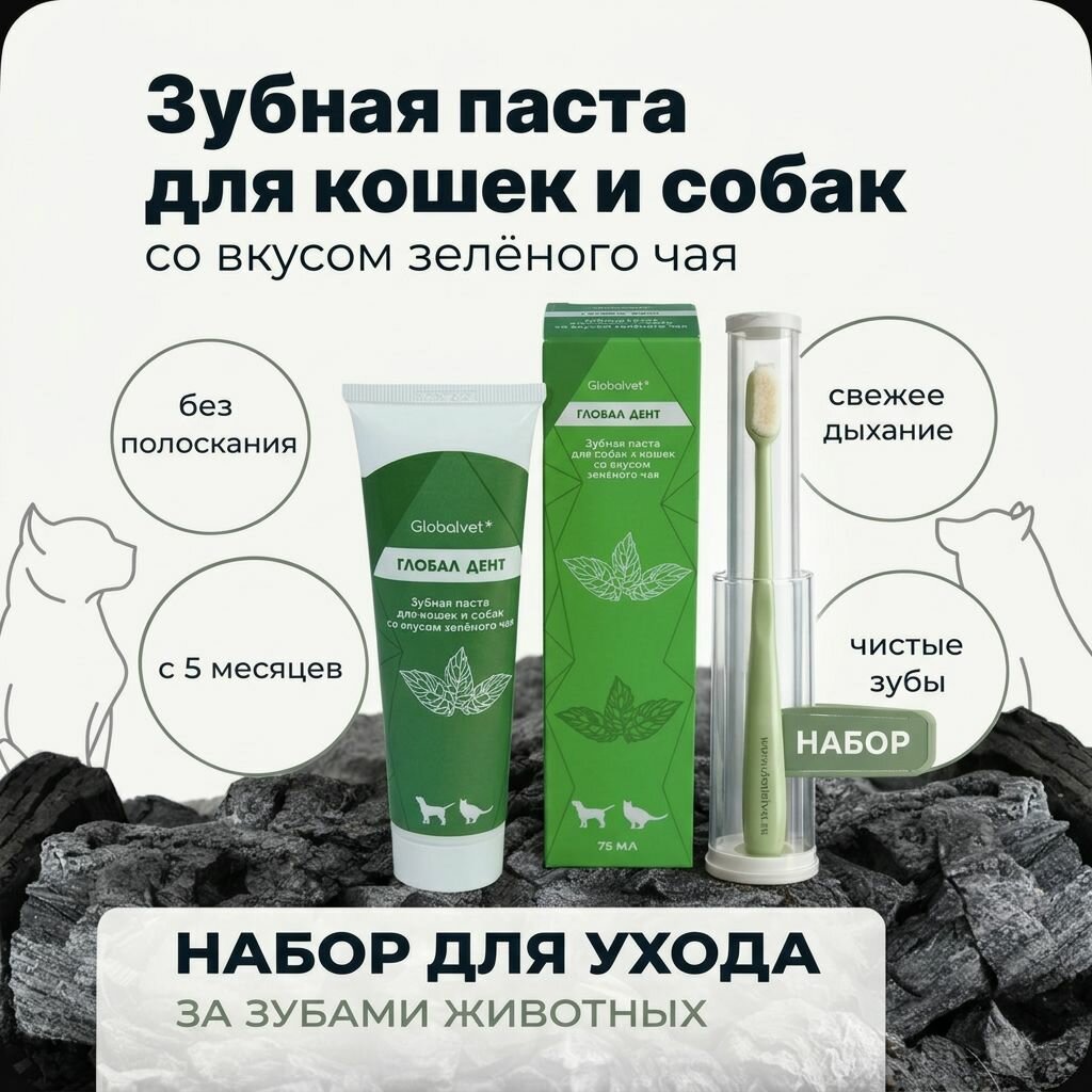Набор. Зубная паста для собак и кошек зелёный чай Глобал-вет + зубная щетка Денталвет