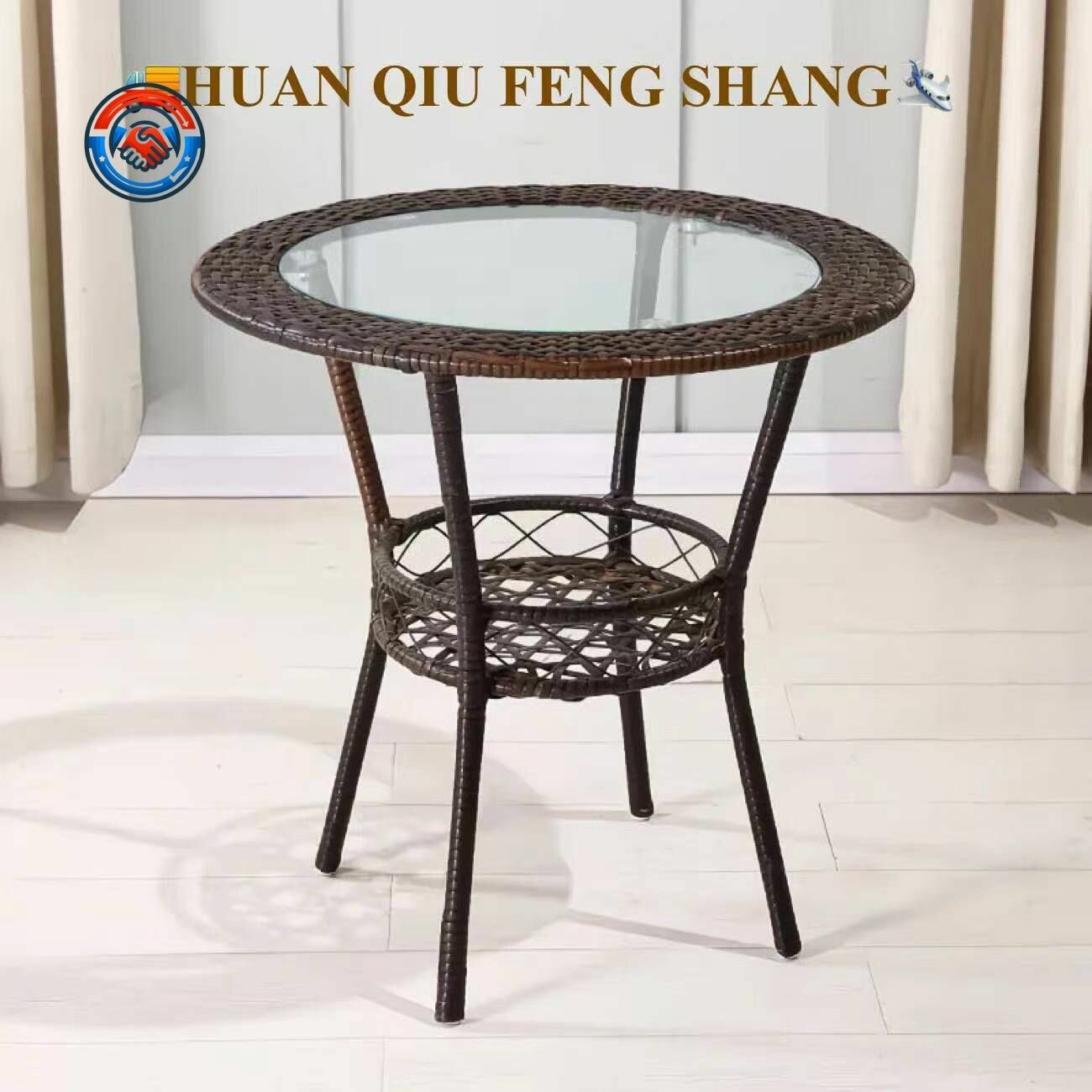 Садовый стол круглый из стекла и искусственного ротанга, столик для дачи, балкона и гостиной, устойчивый к погоде, с нижней полкой для хранения