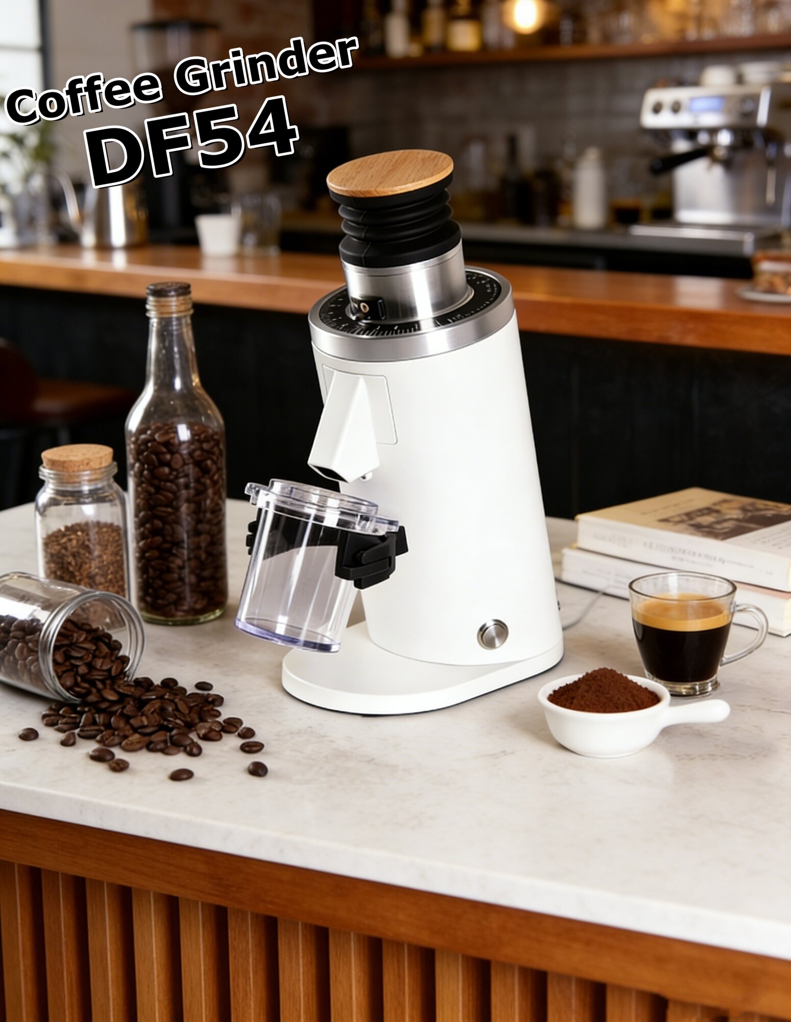 Электрическая Oднодозная Kофемолка DF54, Белый, Стальной Жернов, Espresso