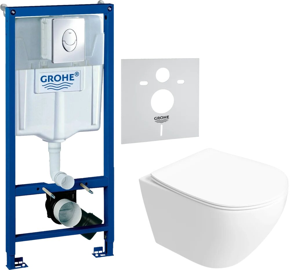 Комплект 5 в 1 Унитаз подвесной STWORKI Кронборг S28401WH / Инсталляция с кнопкой Grohe Rapid SL 38721001 / Звукоизоляция 37131000, Крышка-сиденье