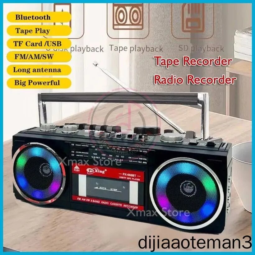 Портативная радио-кассетная магнитола PX-688BT с Bluetooth, USB, TF-картой и длинной антенной, 5 Вт, черная