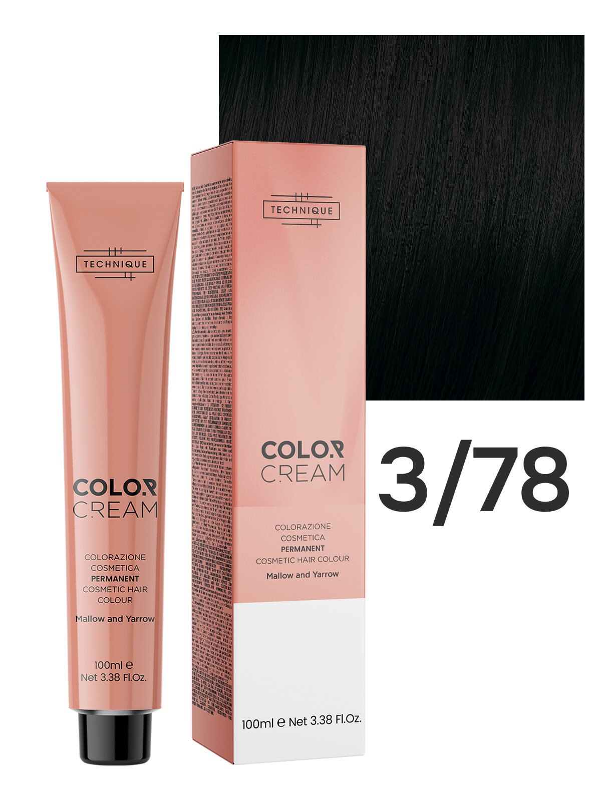Крем - краска для волос профессиональная Technique Color Cream Permanent Cosmetic Hair Colour 3.78 Темный каштановый Черный камень, 100 мл