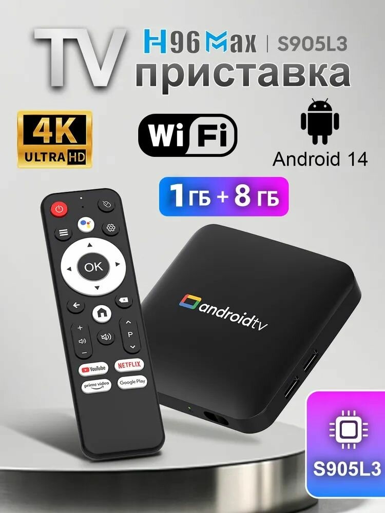 ТВ приставка Android TV 4K Ultra HD Смарт ТВ приставка с 1 ГБ RAM, 8 ГБ памяти, Android 14, медиаплеер с Wi-Fi