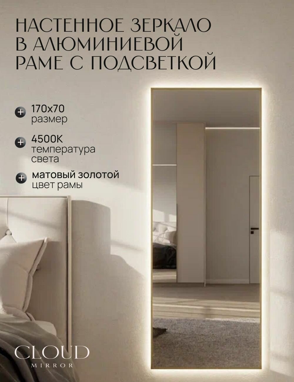 Зеркало 170х70 см. CLOUD MIRROR с подсветкой в алюминиевой раме настенное. Свет: Нейтральный белый 4500К, Золото