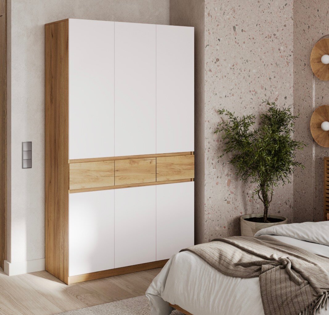 Шкаф трехстворчатый, 3 двери, 3 ящика, 1 штанга, 4 полки, Бостон Лайт, 120х210х51 см, ЛДСП, Дуб крафт золотой / белый