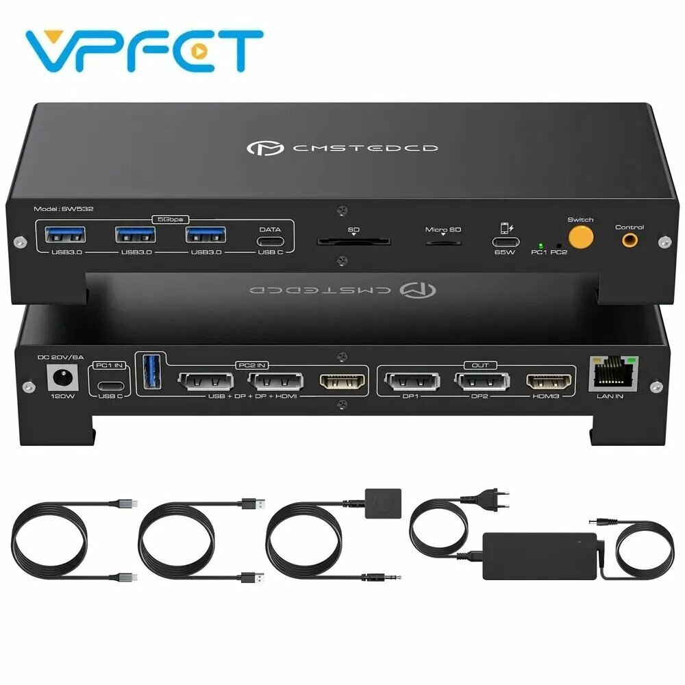 VPFET KVM-переключатель, док-станция, 3 монитора, 2 компьютера, DP 4K@120 Гц, HDMI 4K@60 Гц, для ноутбуков и ПК с Thunderbolt, зарядка PD до 100 Вт