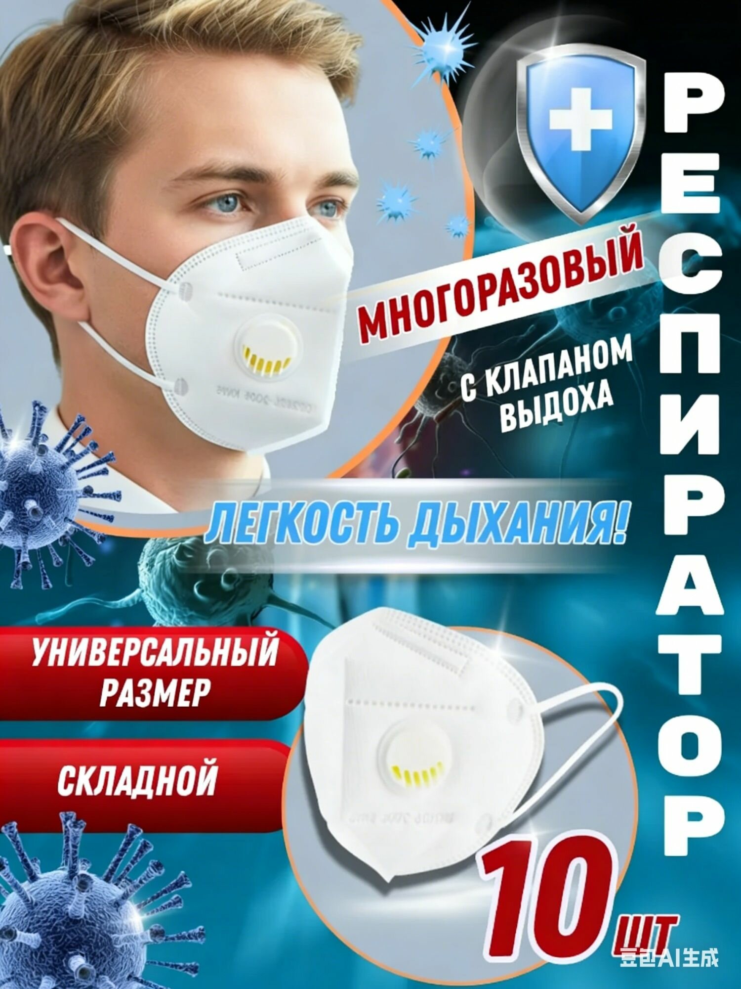 Респиратор многоразовый с клапаном FFP2 маска KN95 100 шт