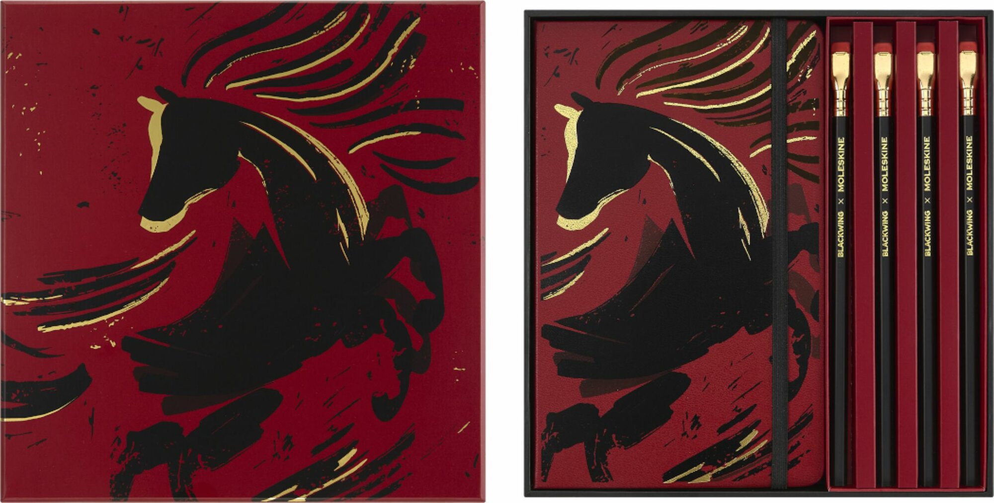 Блокнот Moleskine в линейку с набором карандашей MoleskineхBlackwing Год огненной лошади 13*21, твердая обложка, 4 карандаша, подарочная коробка, красный