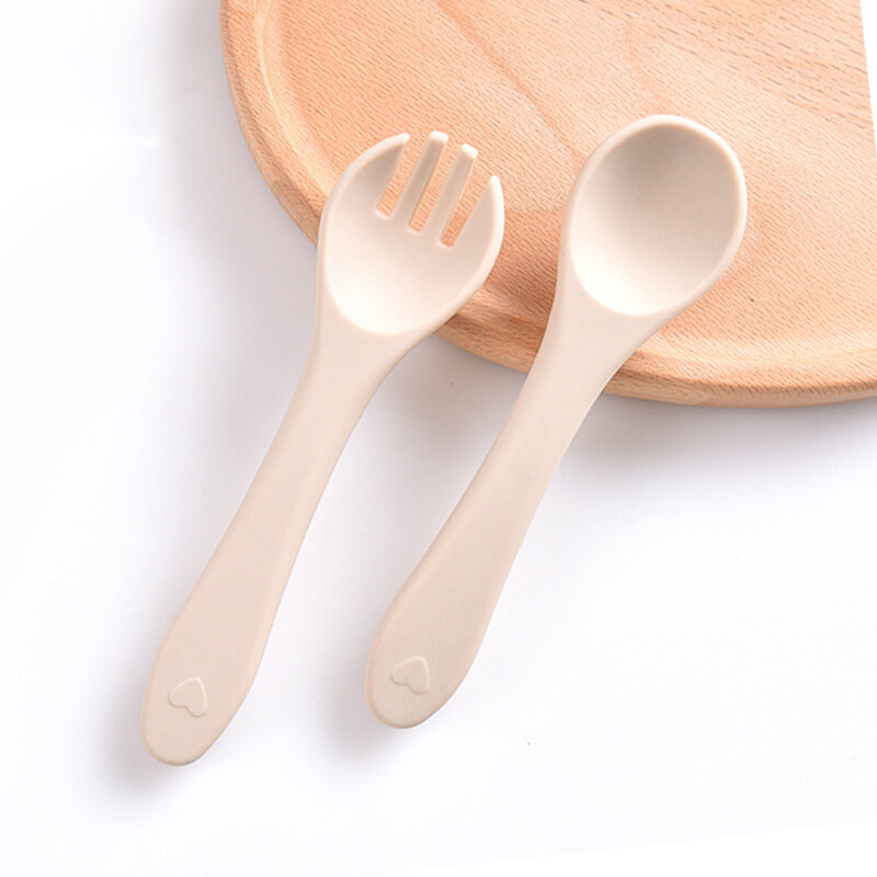 Набор из силиконовой ложки и вилки для малышей в цвете Бежевый, пищевой силикон, легко моется, для обучения кормления