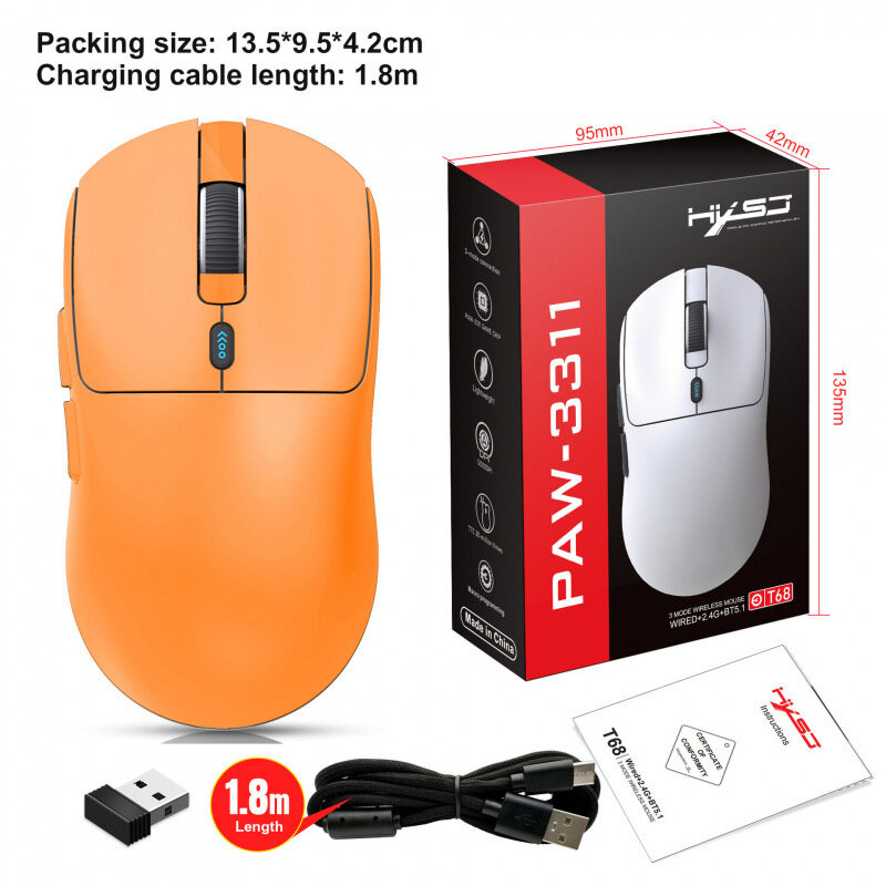 HXSJ T68PRO 3-режимная беспроводная игровая мышь 58 г легкого веса 18000 DPI 1.8 м кабель Цвет：T68 Оранжевый 3-режимный