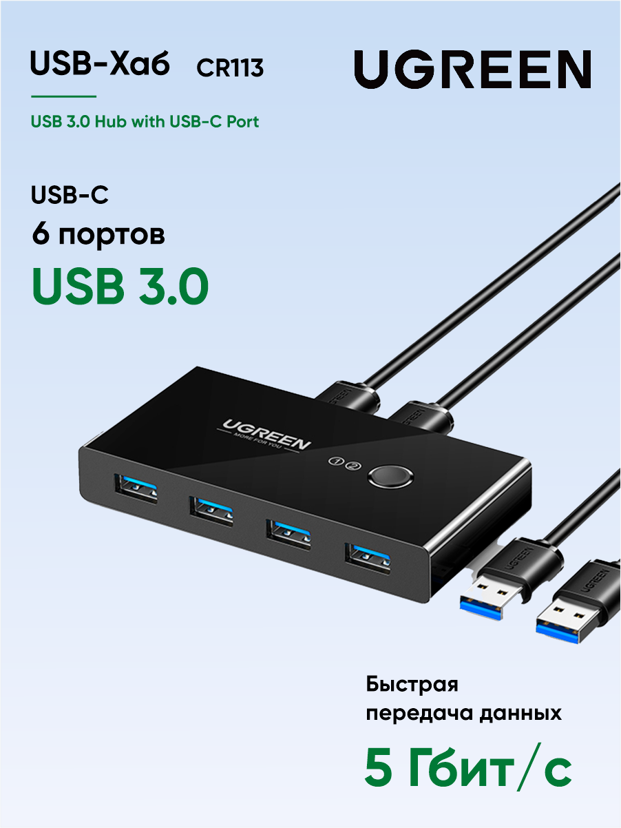 Разветвитель портов UGREEN US216 (30767) 2 In 4 Out USB 2.0 Sharing Switch Box. Цвет: черный