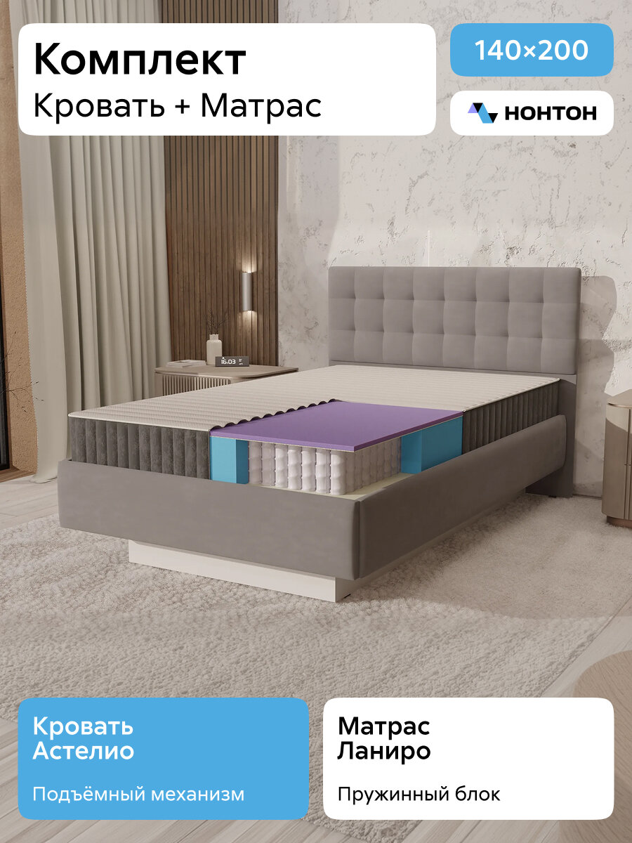 Кровать двуспальная Нонтон Астелио, 140x200 см, ламели, с ПМ, Матрас НПБ H2 Ланиро, серая