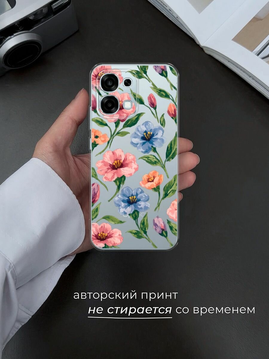 Чехол на Oppo A6 Pro / Оппо A6 Про с принтом Акварельные цветы и бутоны, прозрачный — фото 1