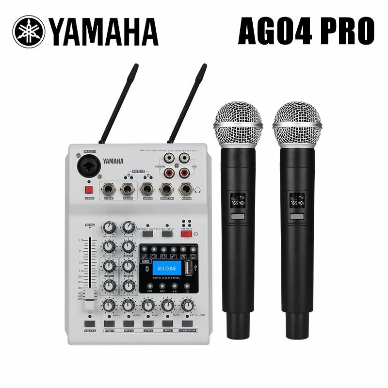 Комплект: микшерный пульт Yamaha AG04 PRO + 2 беспроводных микрофона, 4 канала, с Bluetooth, USB и эффектами, для стриминга и караоке