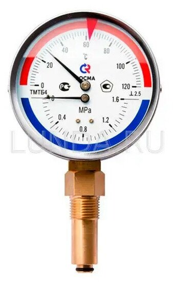 Термоманометр ТМТБ-31Р.1, Р=0.1,6 МРа, T=0.120°C, G1/2" (снизу), кл.2,5, длина 46мм, корпус-сталь, Росма 00000002330