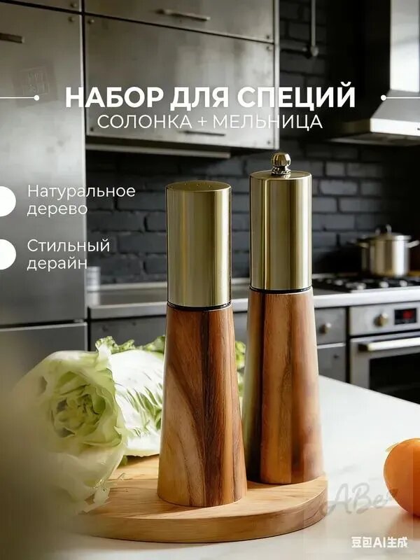 Набор для специй из дерева и металла, солонка + мельница, 2 шт. Коричневый/Золотой