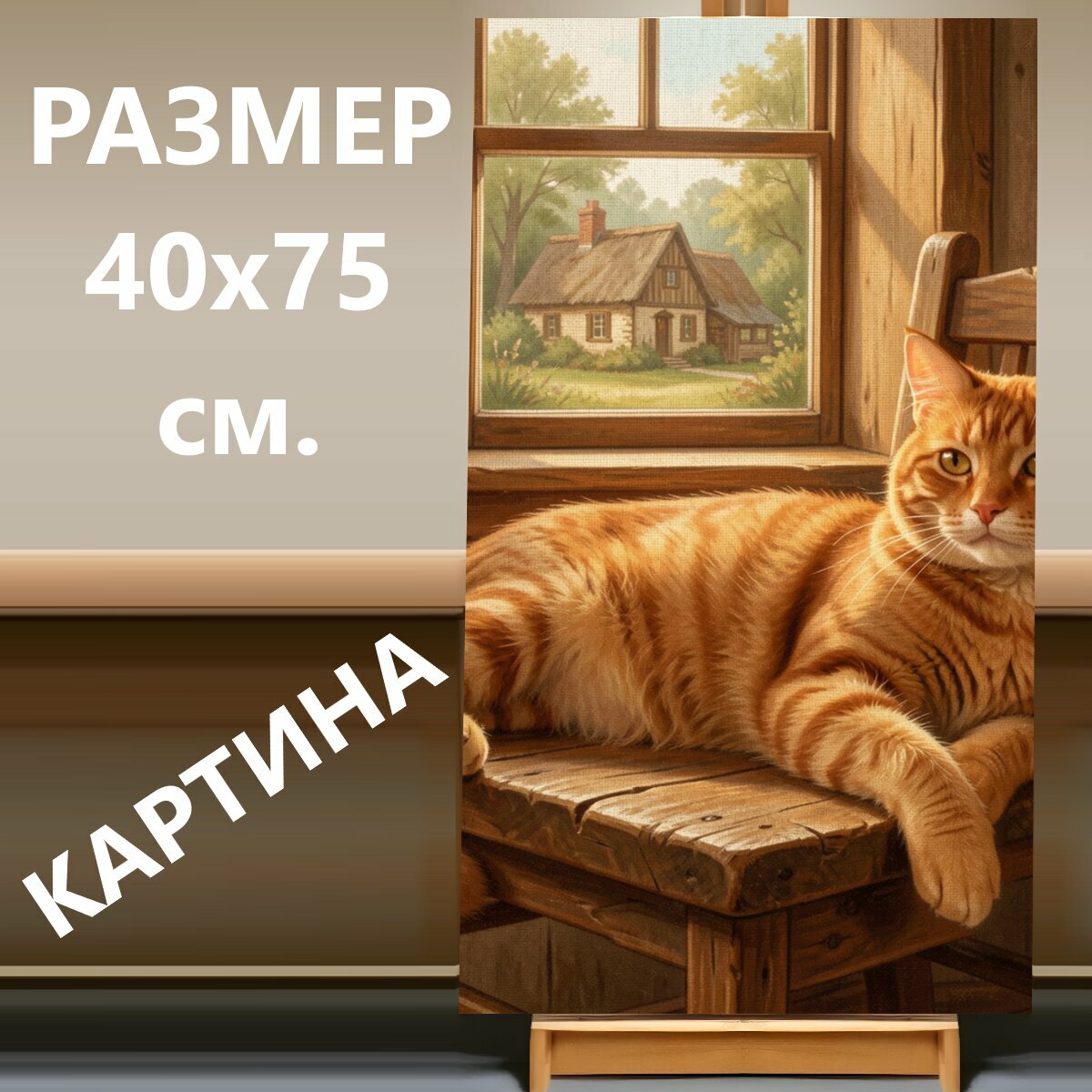 Картина на холсте "Рыжий кот в деревенском интерьере. Уютная сцена с полосатым питомцем, отдыхающим на деревянном стуле у окна. Тёплые." на подрамнике 75х40 см. для интерьера