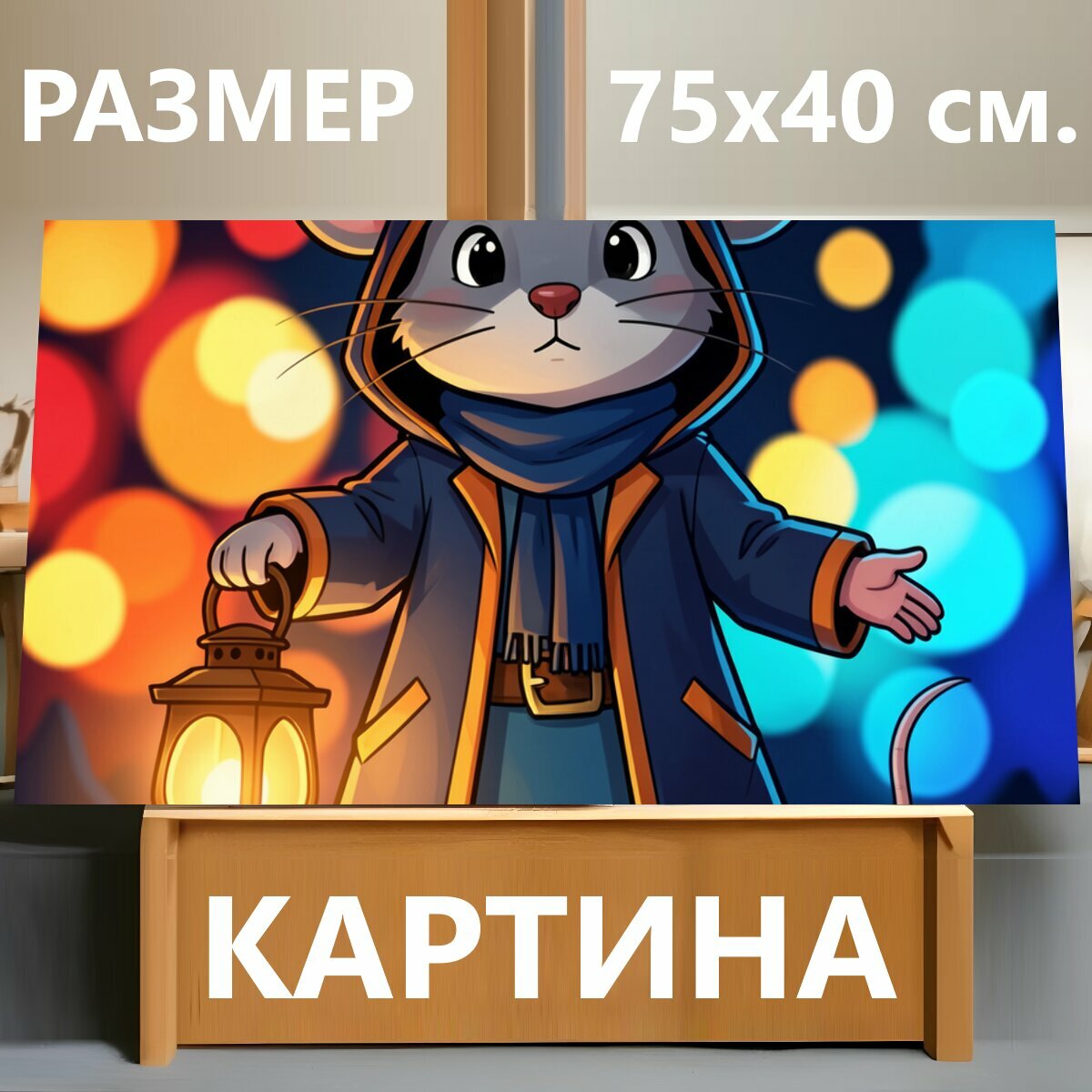 Картина на холсте "Мышонок с фонарем в капюшоне. Милый мультяшный грызун в плаще и шарфе держит светящийся фонарь, вокруг яркие неоновые огни и." на подрамнике 75х40 см. для интерьера