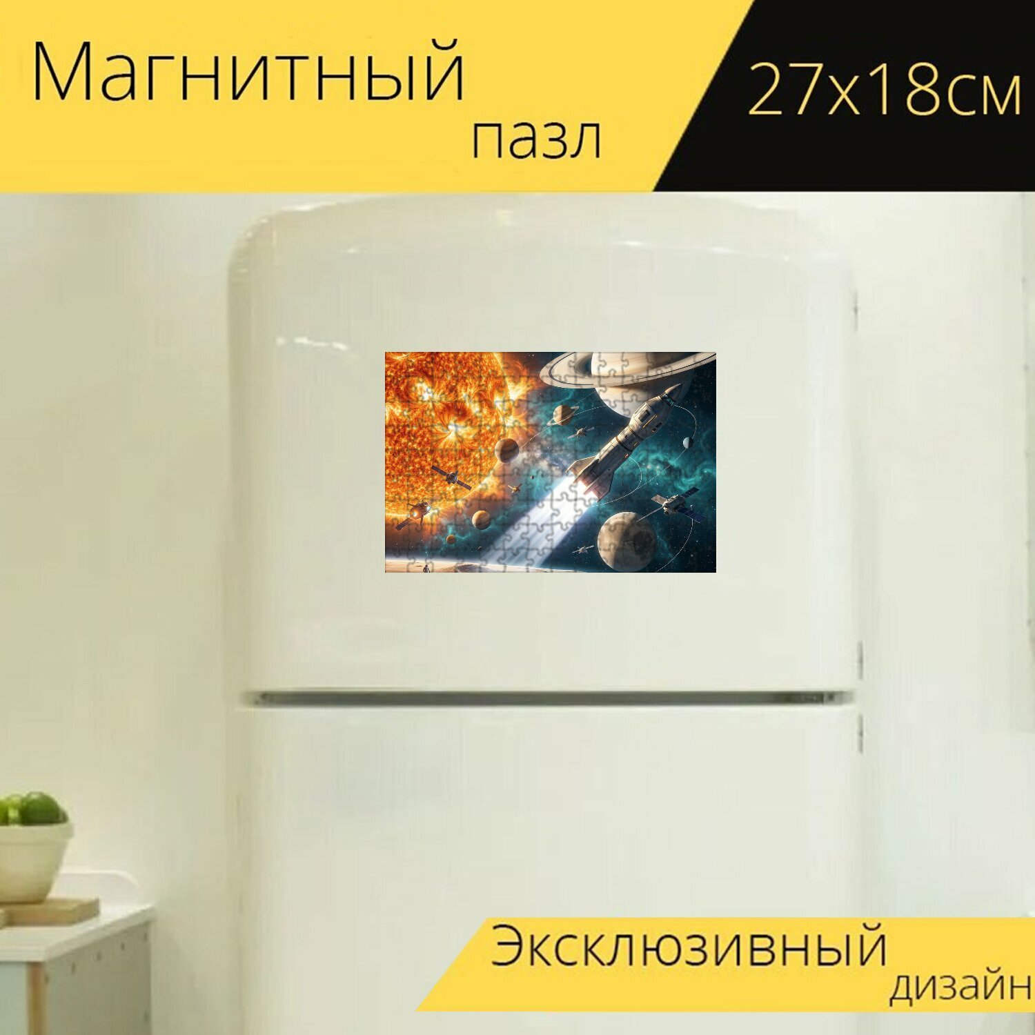 Магнитный пазл "Космическая экспедиция у планет. Фантастическая сцена дальнего космоса: раскаленная звезда, кольца газового гиганта, орбитальные аппараты." на холодильник 27 x 18 см.