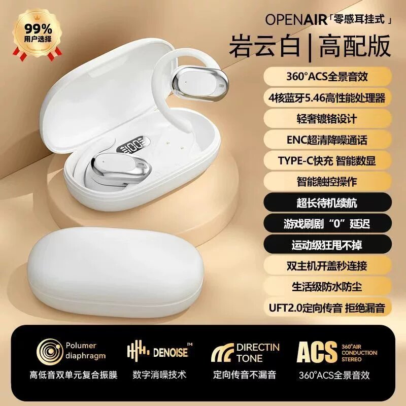 Костная проводимость беспроводные наушники Bluetooth для спорта, топ-конфигурация, белый, Dolby Atmos, длительная