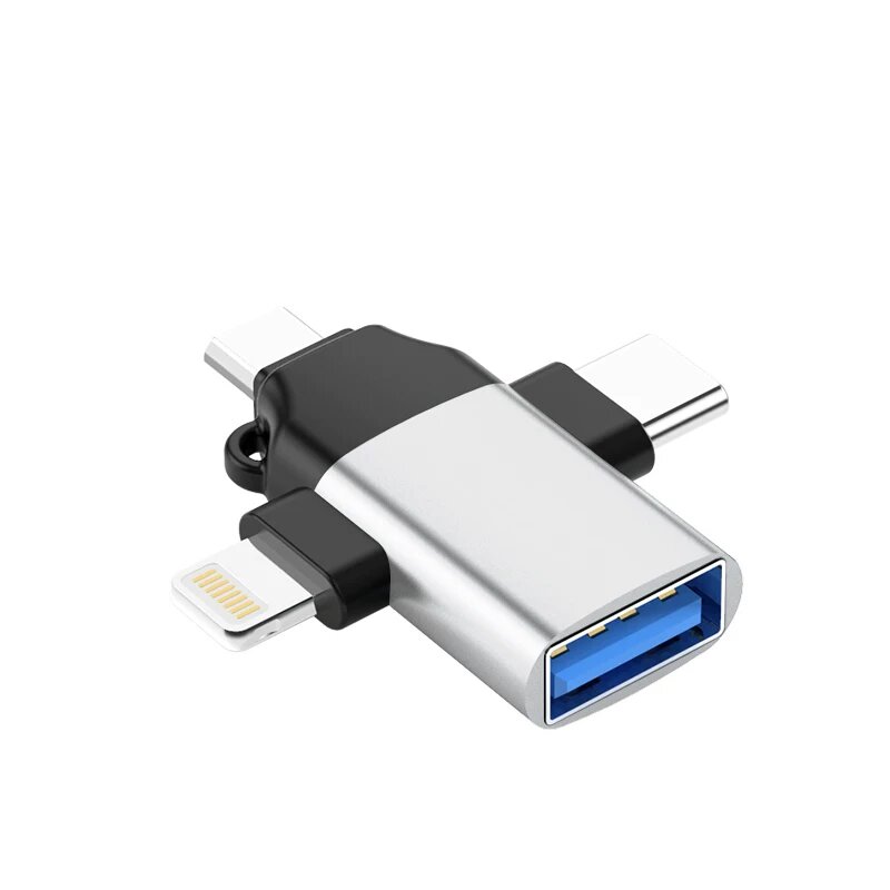 3-в-1 OTG-адаптер для iPhone, Android, Type-C, серебристый, USB 3.0, подключение флешек, мыши, клавиатуры