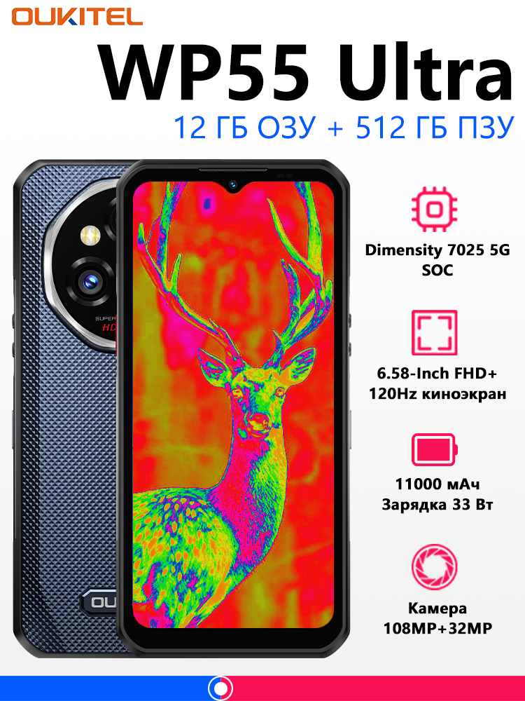 Смартфон OUKITEL WP55 Ultra Dimensity 7025 5G 6.58 дюйма 120 Гц 2.4K 12 ГБ+512 ГБ Камера 108 Мп 11000 мАч зарядка 33 Вт