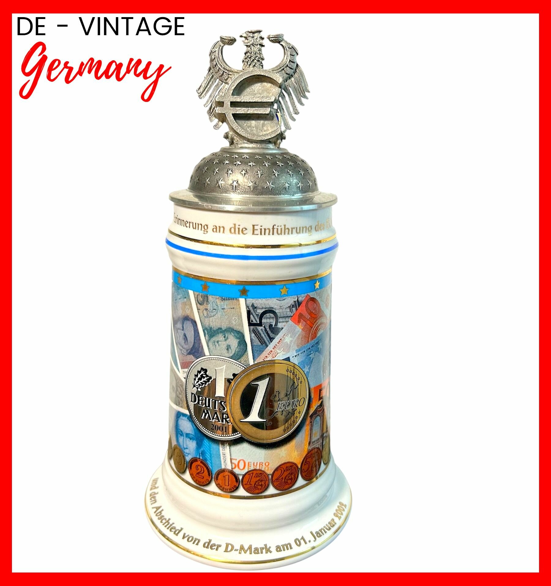 Пивная кружка с крышкой Евро, винтаж. Германия