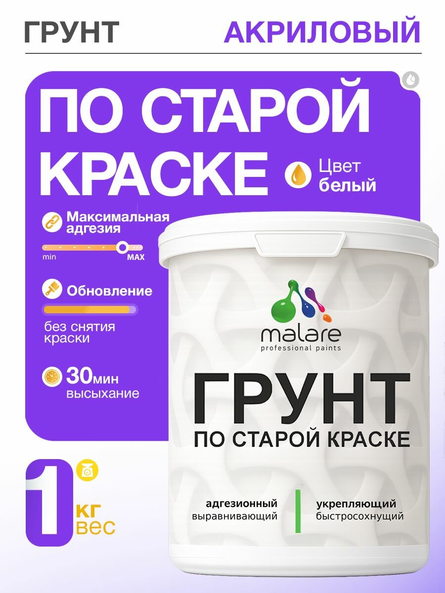 Грунт по старой краске Malare акриловый адгезионный универсальный, без запаха быстросохнущий, белый, 1 кг.