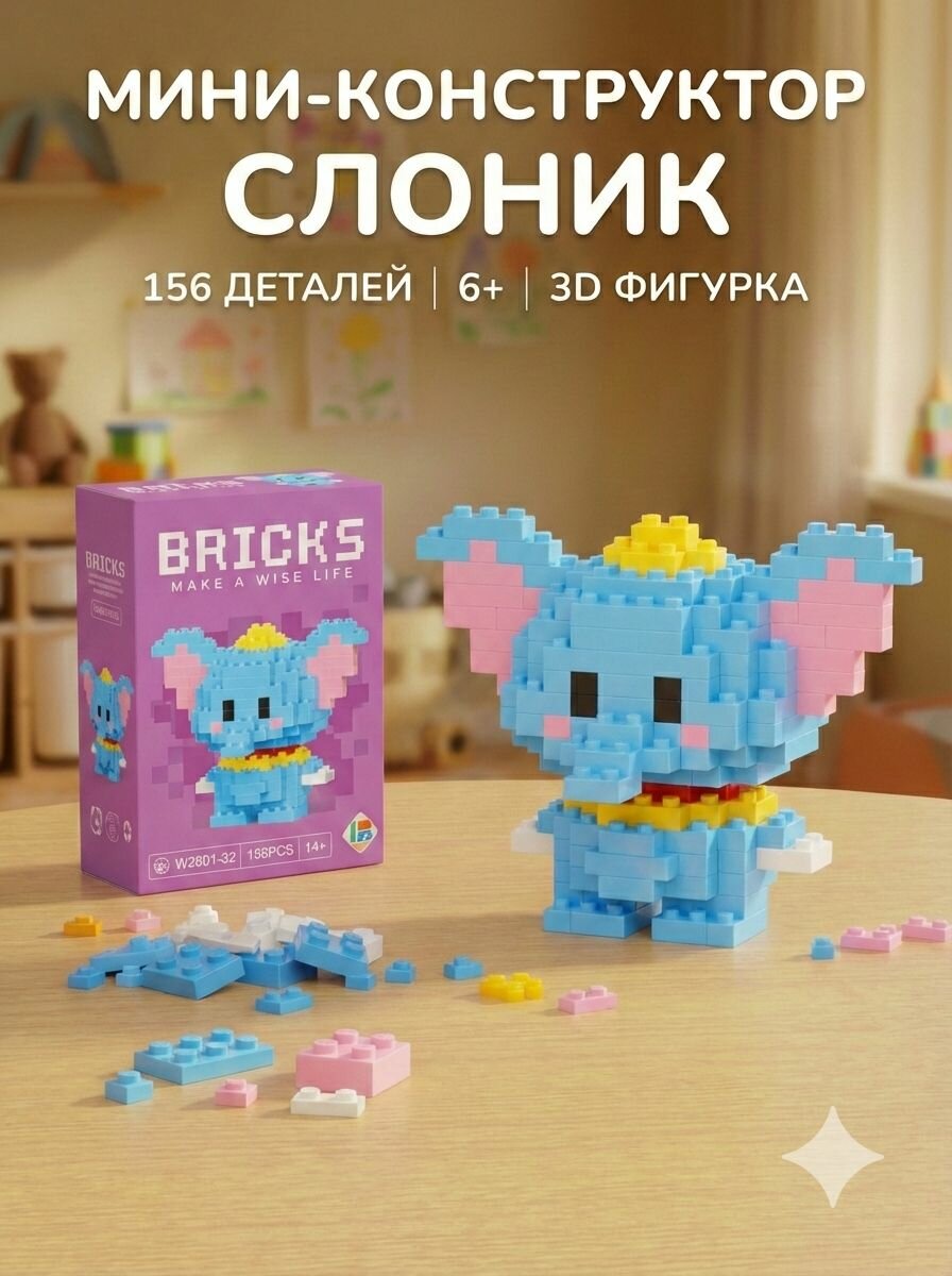 Мини-конструктор 3D Дамбо из миниблоков, пластиковый блочный конструктор-фигурка слонёнок Дисней, развивающая игрушка для детей и взрослых, подарок 6+ миниблоки конструктор 3D фигурка Дисней