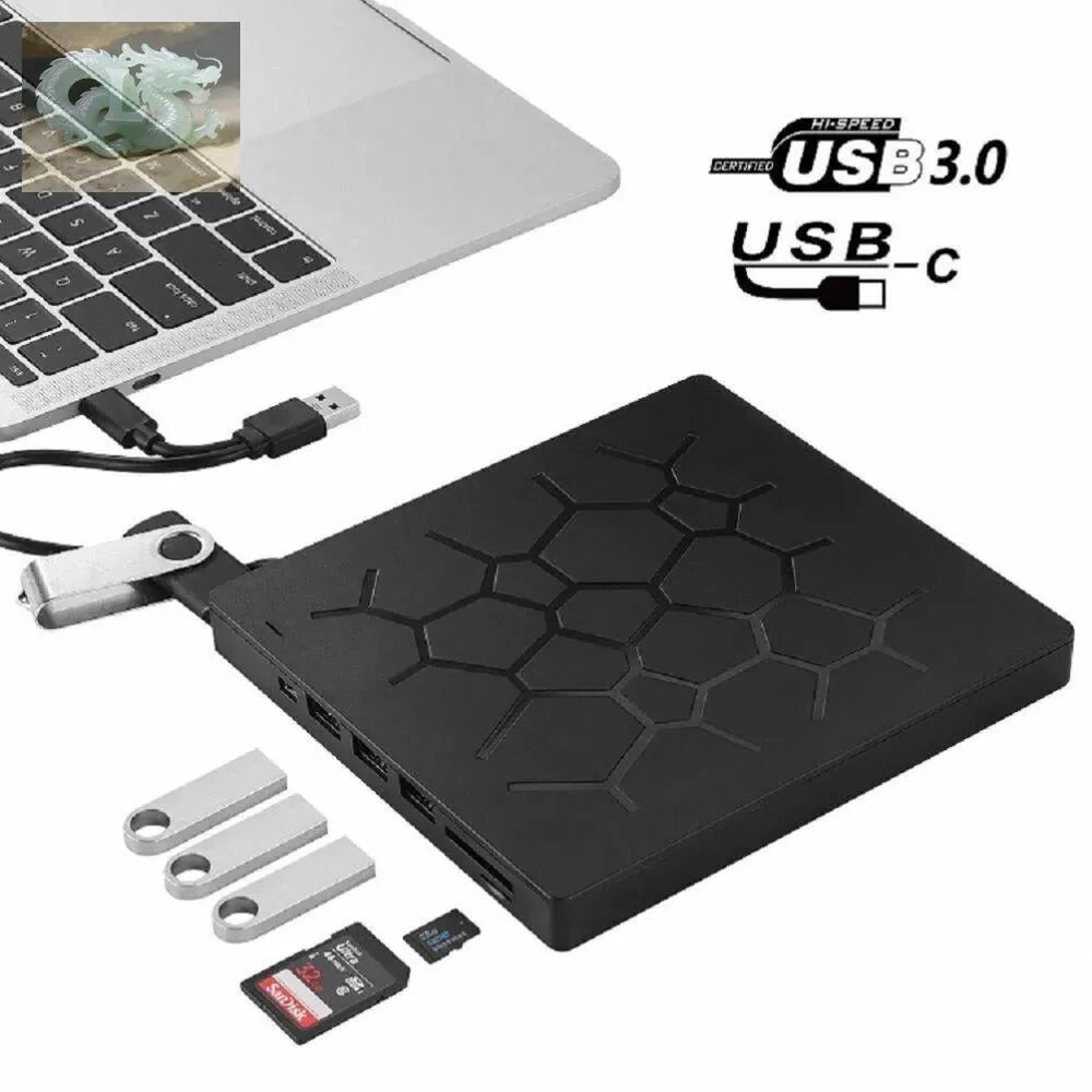 Многофункциональный оптический привод USB-концентратор 8 в 1 CD/DVD-ROM USB 3.0 / 2.0 SD&TF, черный — фото 1