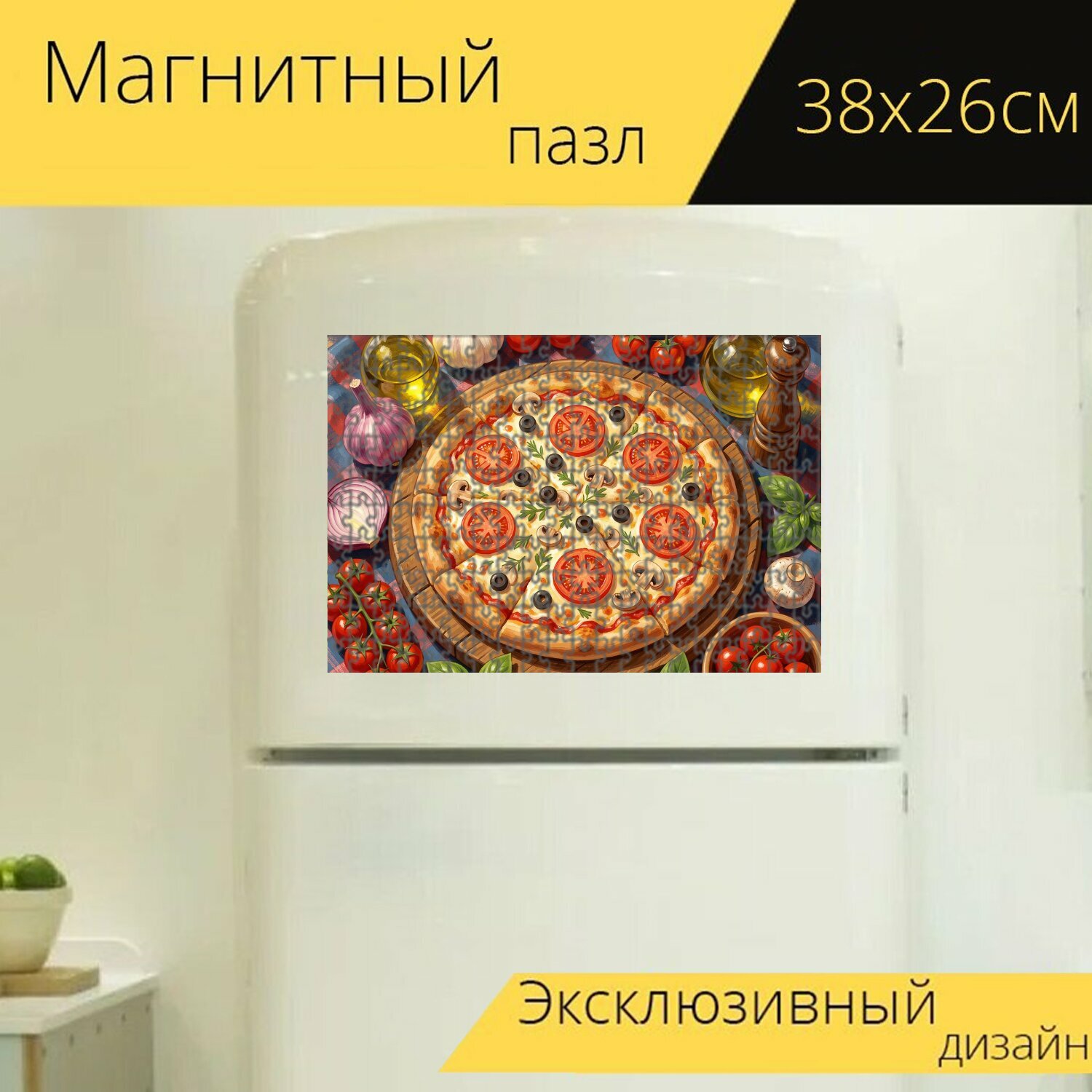 Магнитный пазл "Итальянская пицца с томатами. Аппетитная кухня в средиземноморском стиле: румяная лепёшка с сыром, помидорами, оливками, грибами и зеленью." для интерьера, 38х26 см.