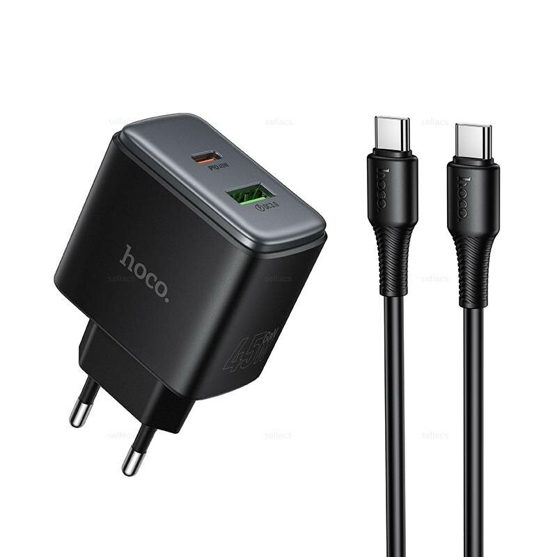 Зарядное устройство HOCO C158A, 45Вт+QC3.0, USB-C, USB, чёрное с кабелем type-c