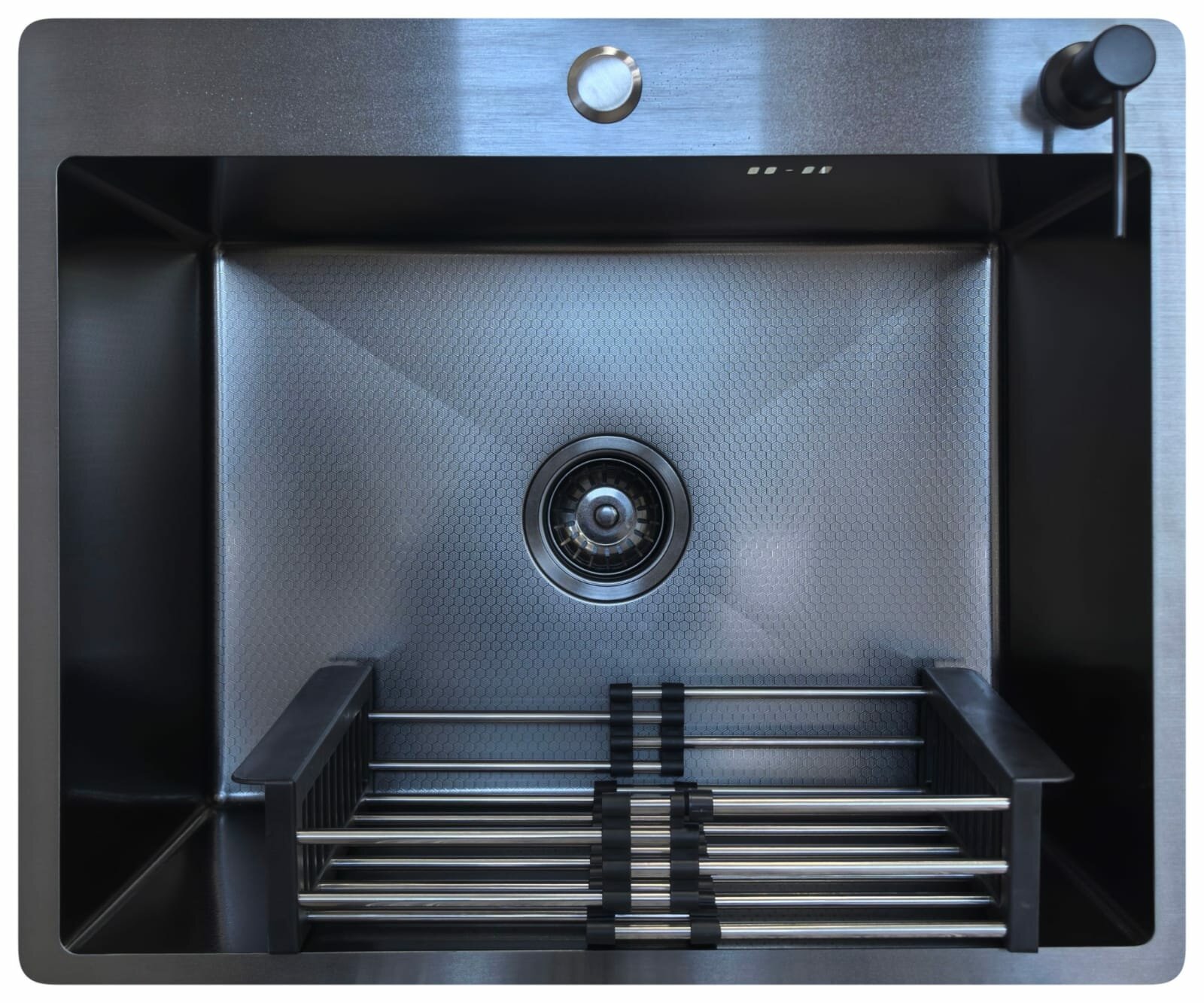 Мойка Wer&Maks 6050 из нержавеющей стали, PVD покрытие, с сифоном, с дозатором, с корзиной, цвет графит рисунок соты