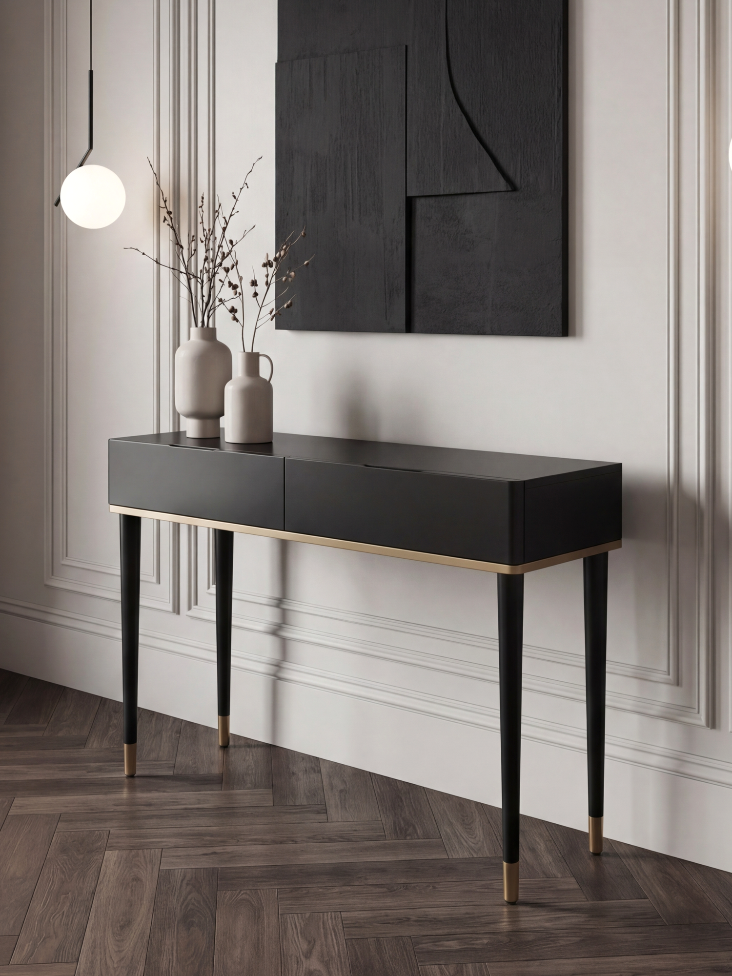 Туалетный столик консольный черный, эмаль мдф 100х36х79 см, консоль в прихожую узкая с ящиками, Бьянко