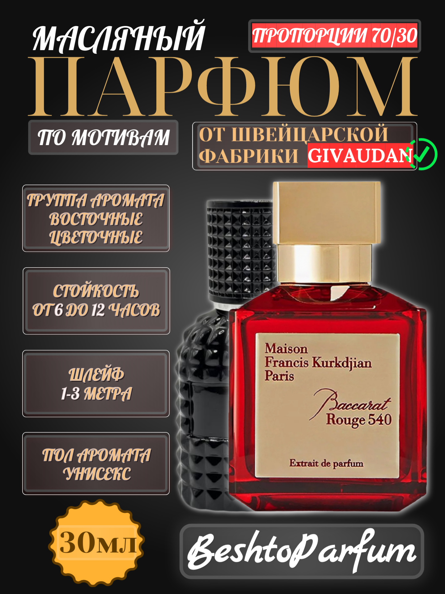 Масляные духи по мотивам Baccarat Rouge 540 — стойкий сладкий шлейфовый нишевый аромат / 30мл