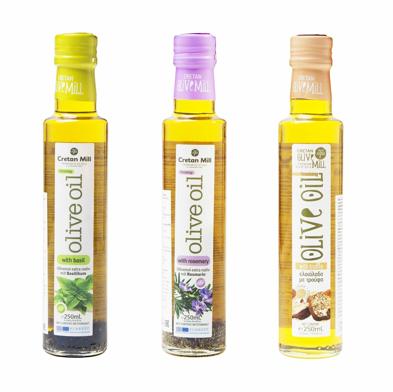 Набор оливкового масла Extra Virgin (базилик, розмарин, трюфель), Cretan Mill, Греция, 250 мл х 3шт