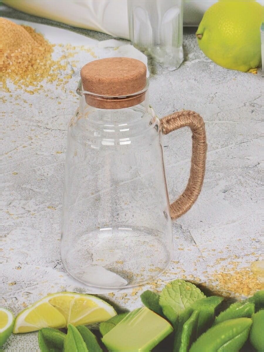 Кувшин стеклянный 1400мл "ICE" с пробковой крышкой, плетеная ручка