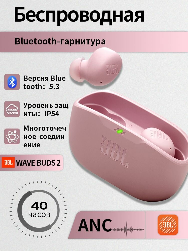Беспроводная Bluetooth-гарнитура JBL WAVE BUDS2 розового цвета с активным шумоподавлением
